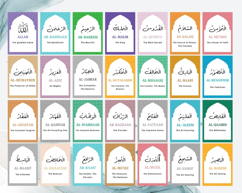 Buy 99 Names of Allah Cards Islamic Art Dhikr Islamic Cards Learn Quran ...