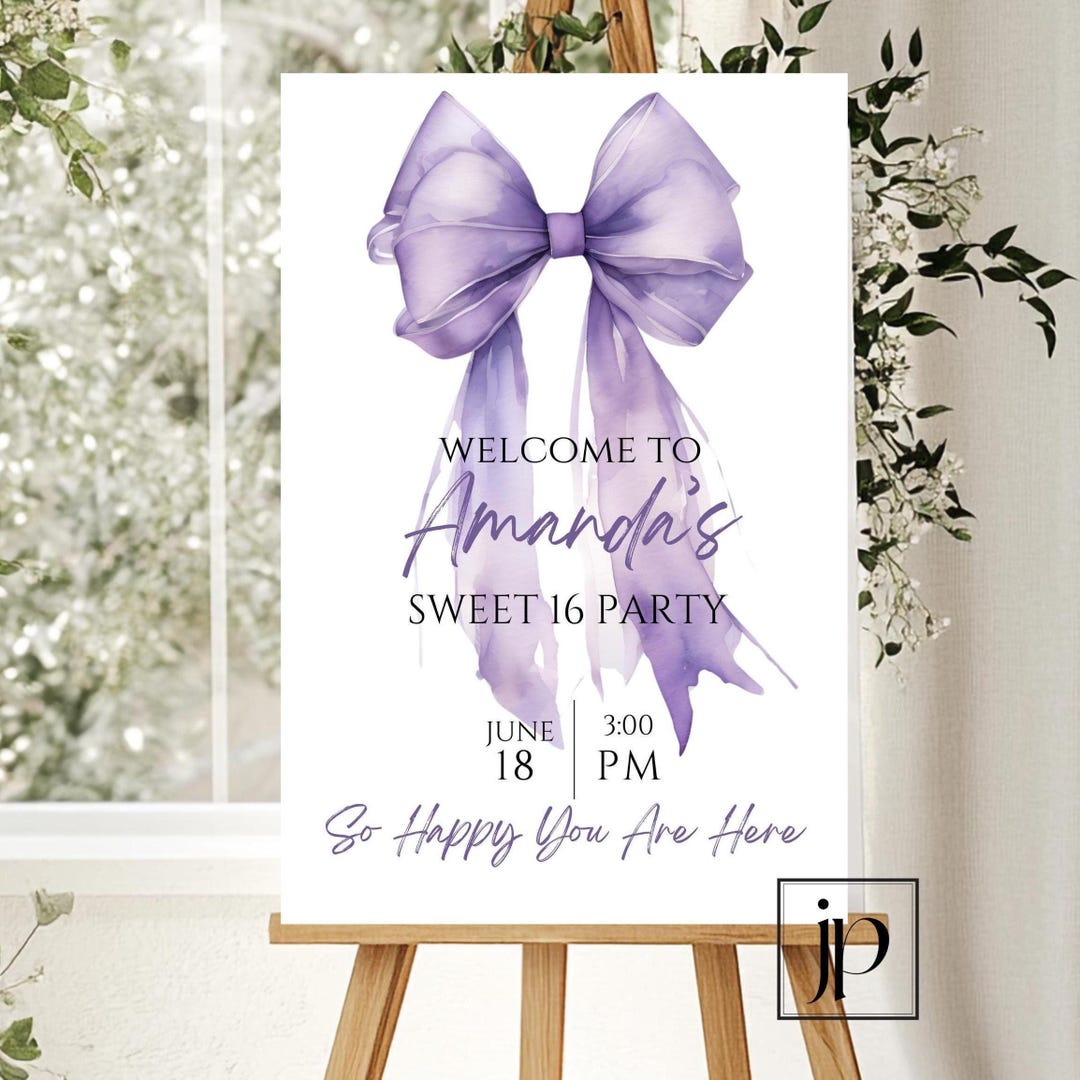 Purple Bow Sweet Sixteen Welcome Sign Coquette Quinceanera Editable ...