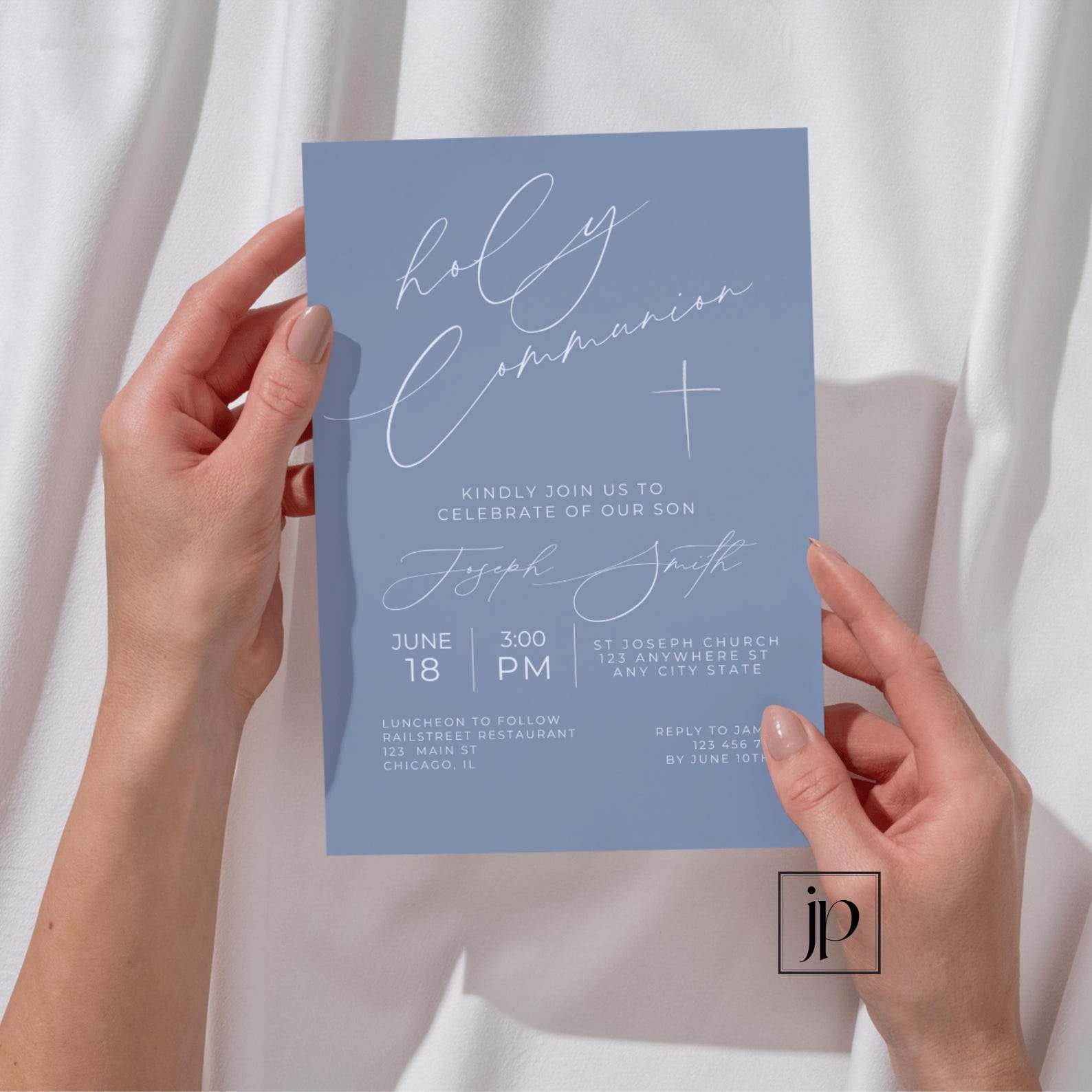 Dusty Blue 1st Holy Communion Invitation Boys Minimalist Cross Invite ...