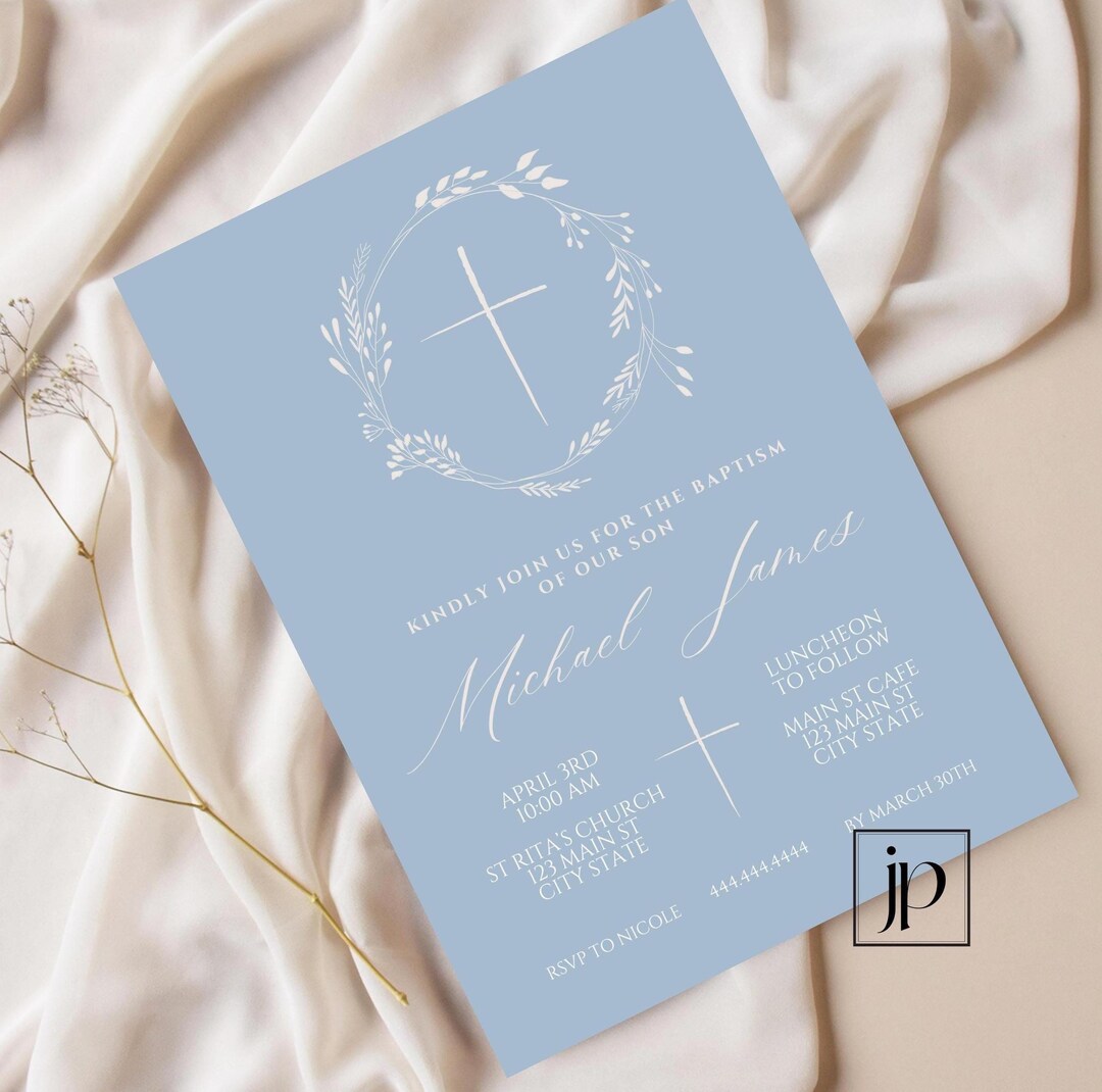 Dusty Blue Baptism Invitation Editable Boys Christening Template ...