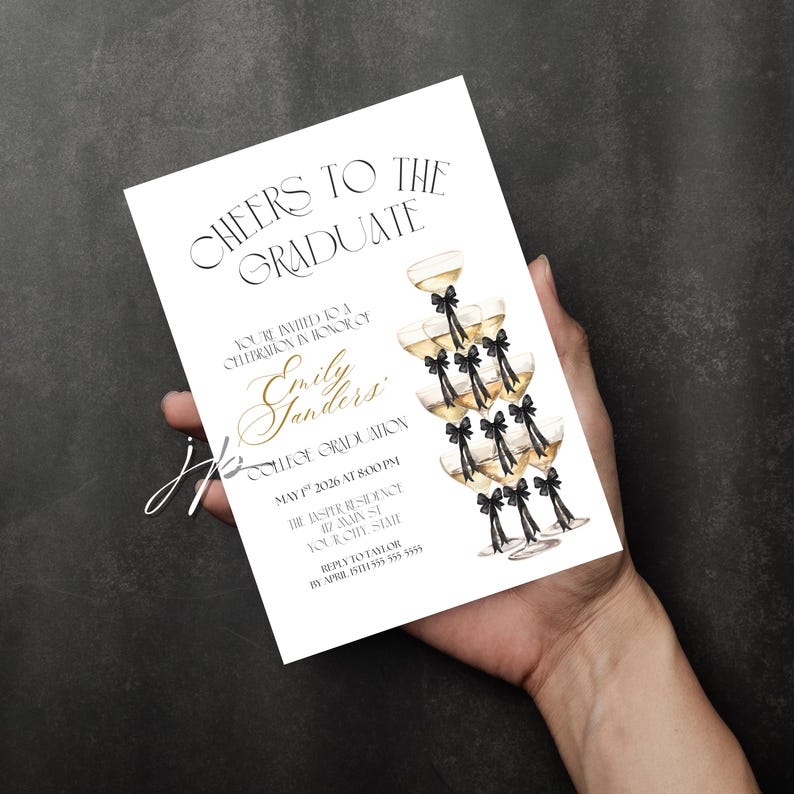 Champagne Graduation Party Invite Template Women's Black Bow College ...