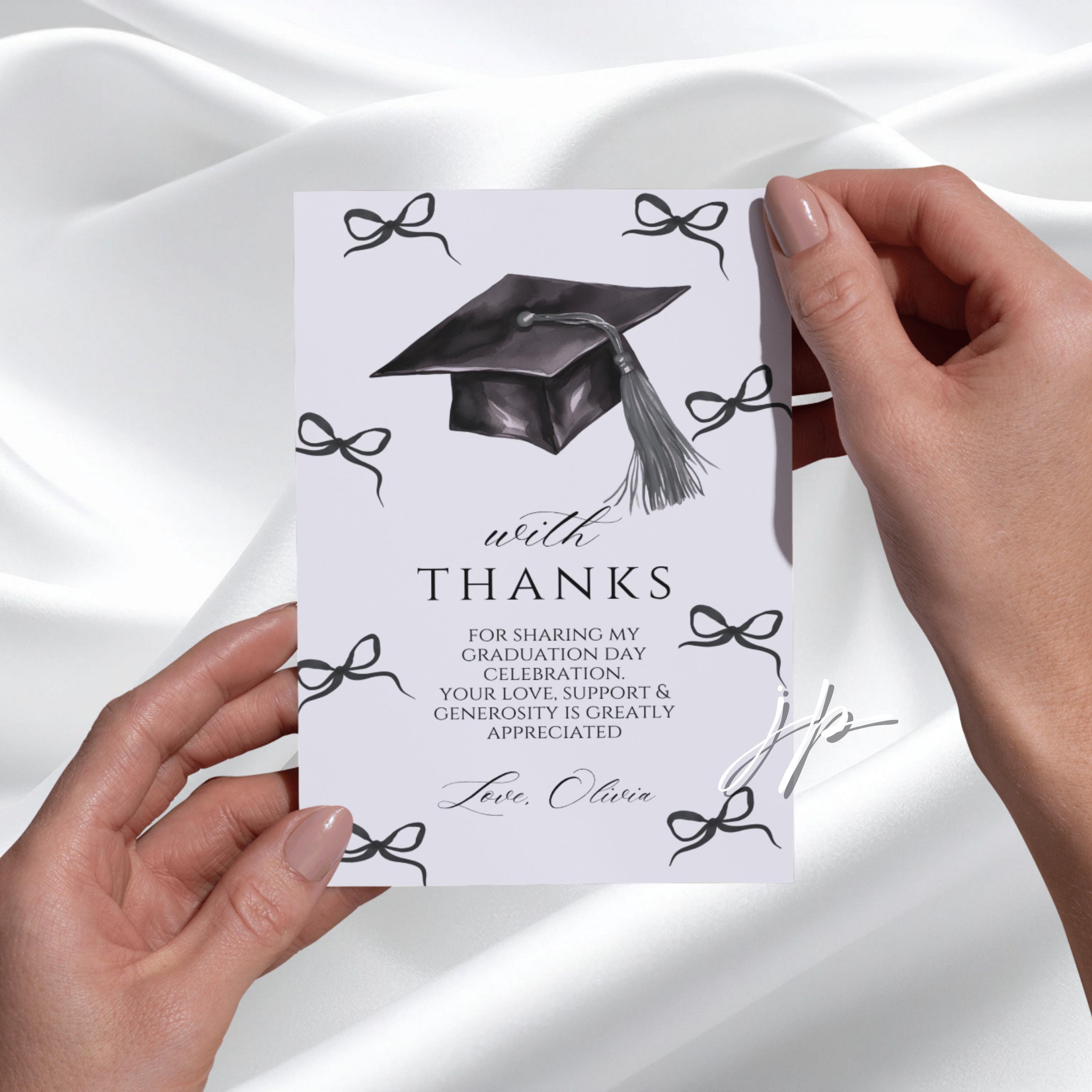 Black Bow Graduation Party Thank You Card Template for Girls Editable ...