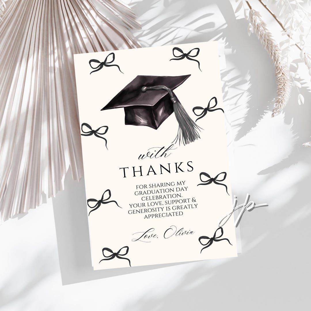Black Bow Graduation Party Thank You Card Template for Girls Editable ...