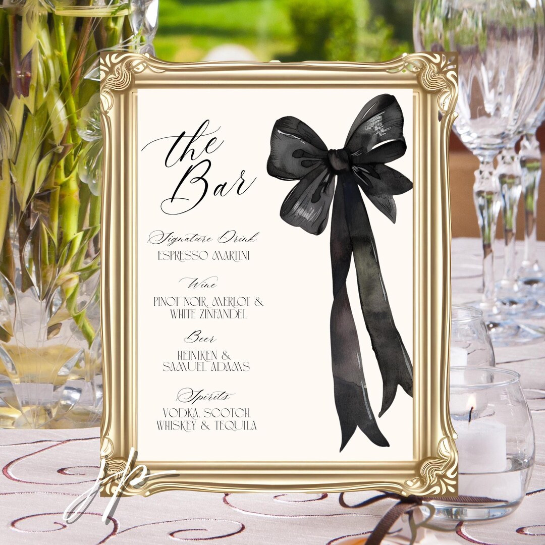 Black Bow Bar Sign Template Editable Birthday Party Cocktail Menu Sign ...