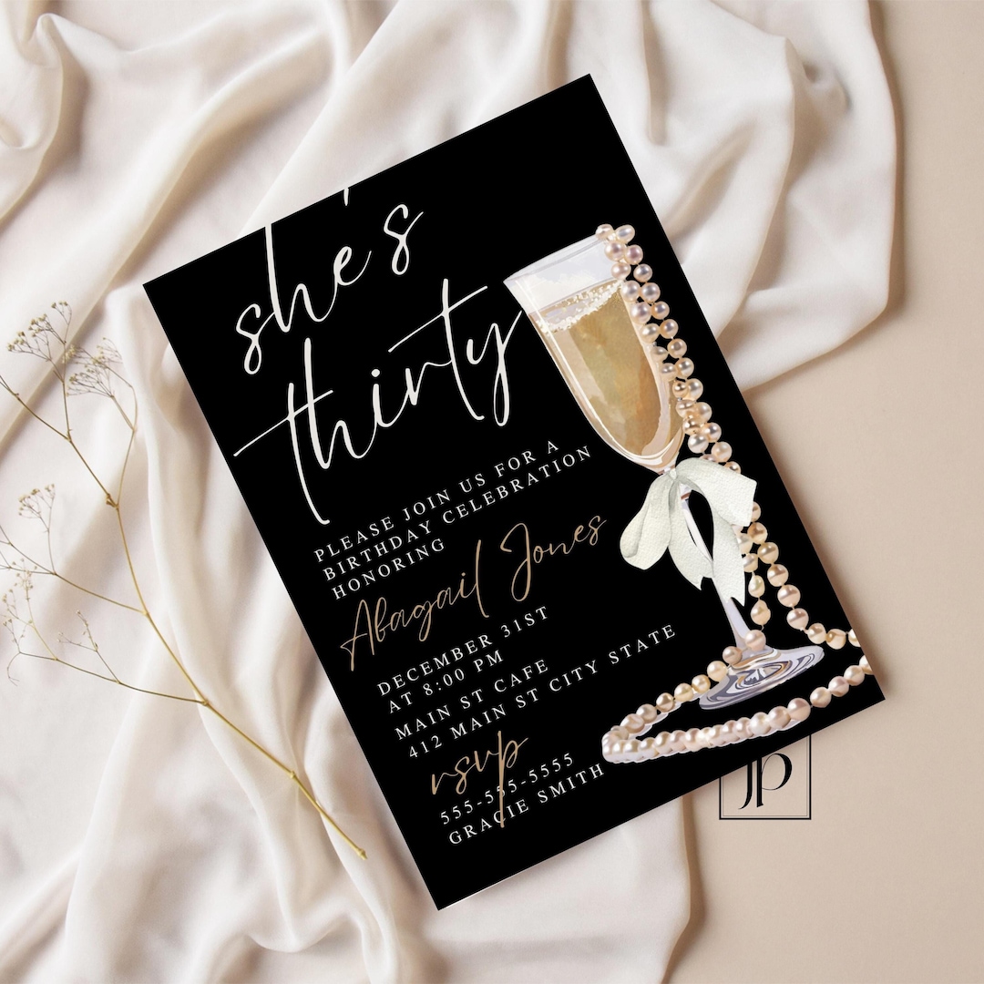 Pearls & Prosecco 30th Birthday Party Invitation Editable Black ...