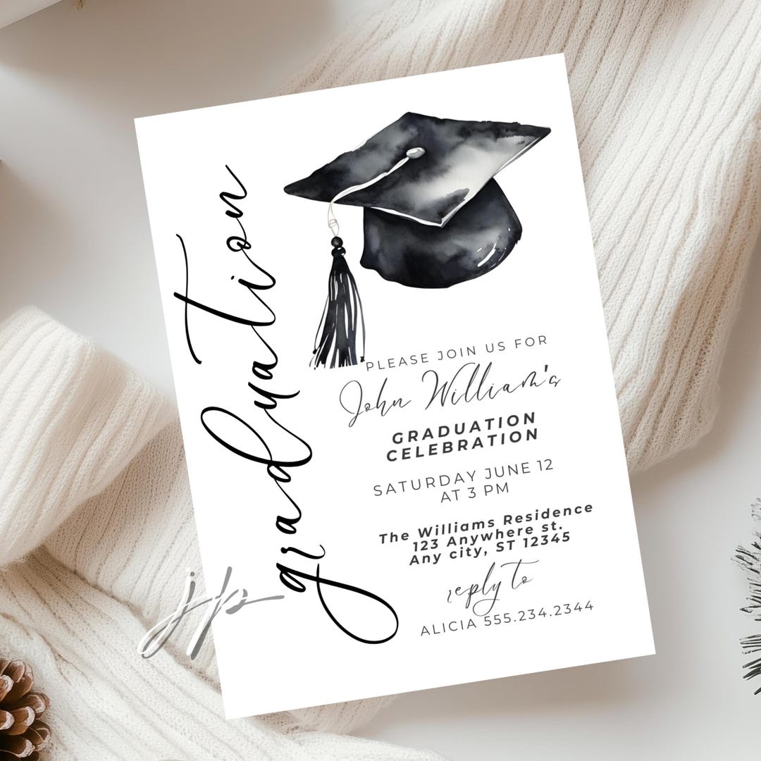 Black Graduation Cap Invitation Girls High School Grad Invite Template ...
