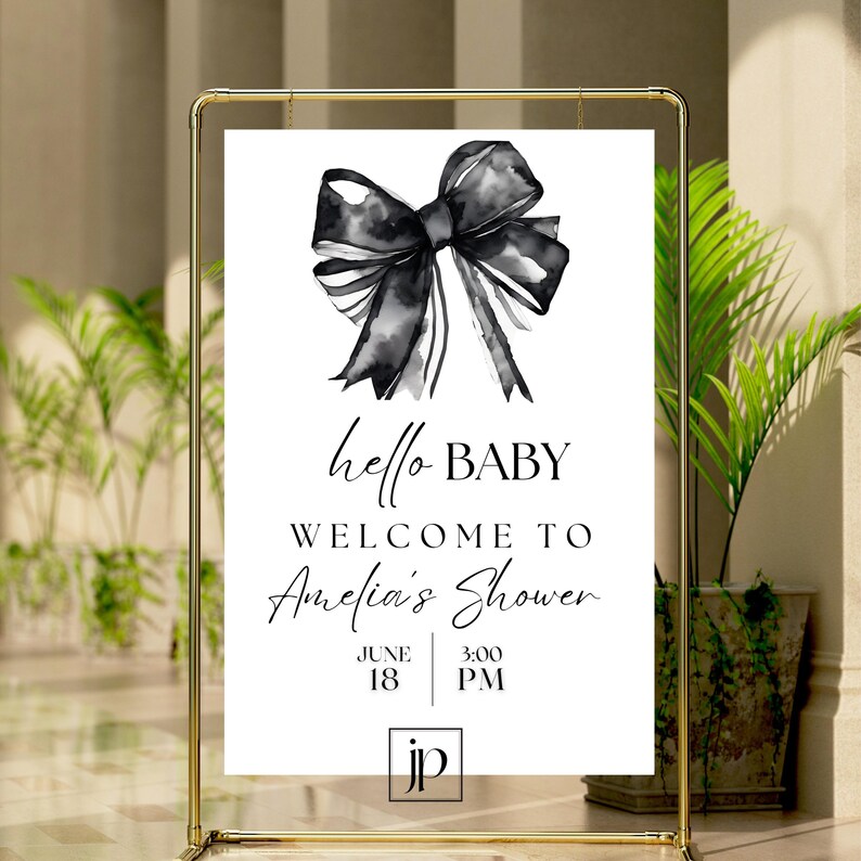 Black Bow Baby Shower Welcome Sign Template Editable Hello Baby ...