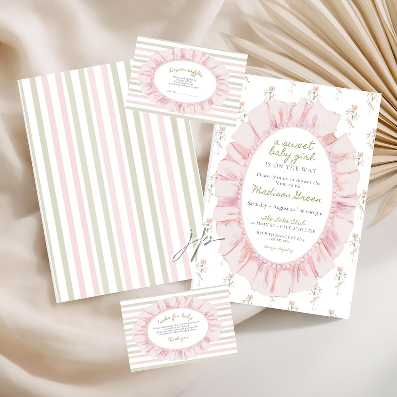 Vintage Floral Baby Shower Invitation Set Grandmillennial Pink Roses ...