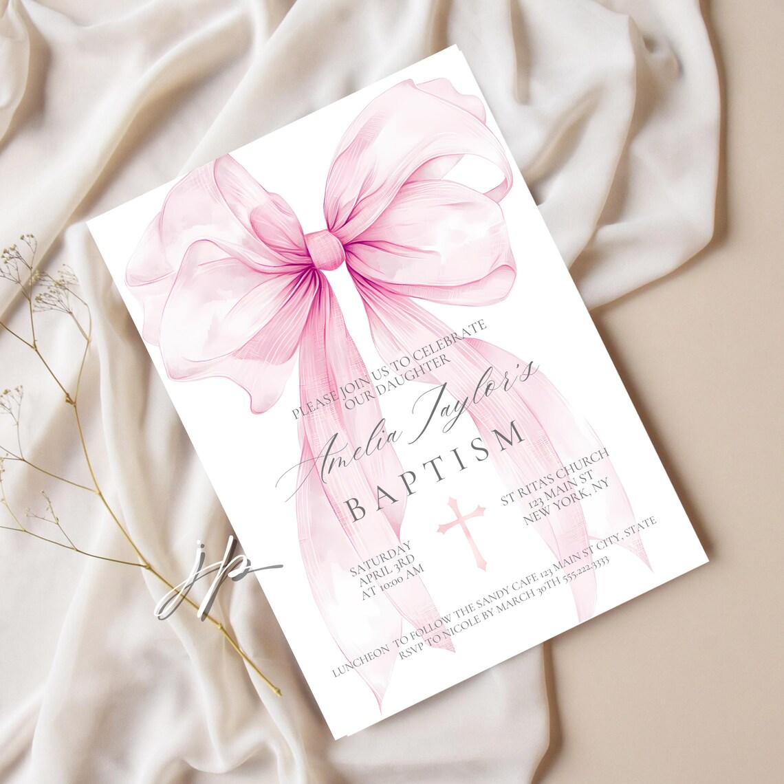 Girls Pink Bow Baptism Invite Template Coquette Baby Christening ...