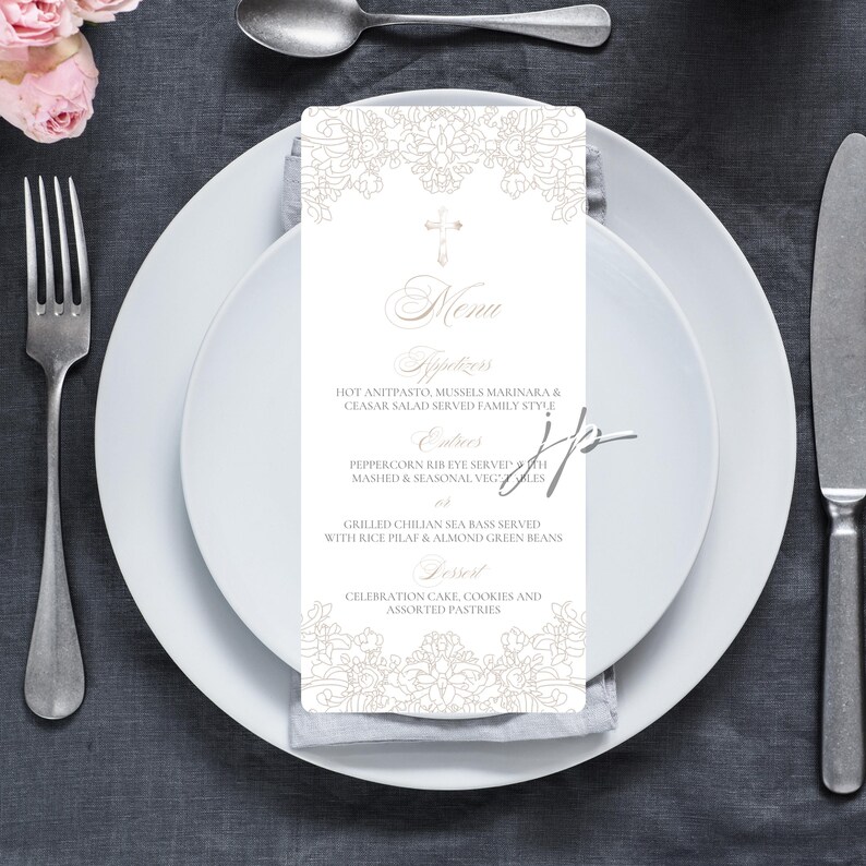 Vintage Chinoiserie Cross Menu Card Editable Beige Floral Baptism ...