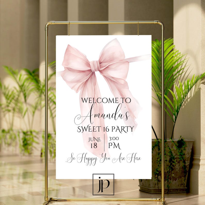 Pink Bow Sweet Sixteen Welcome Sign Editable Template for Canva ...