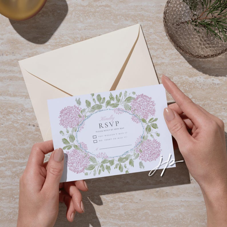 Pink Hydrangea Wedding Invitation Suite Hand Drawn Floral Invite ...