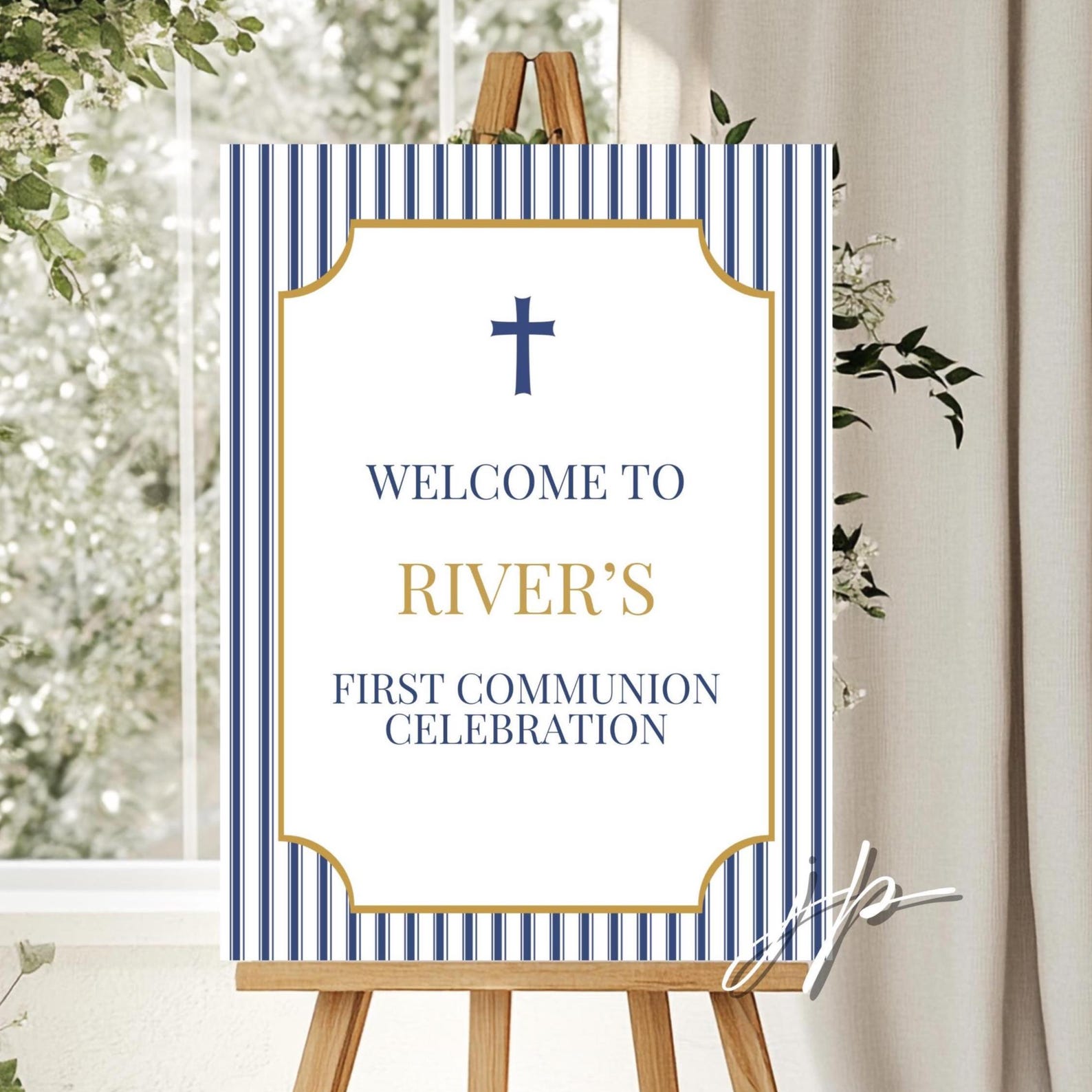 Boy's First Communion Welcome Sign Editable Navy Blue Stripe Holy ...