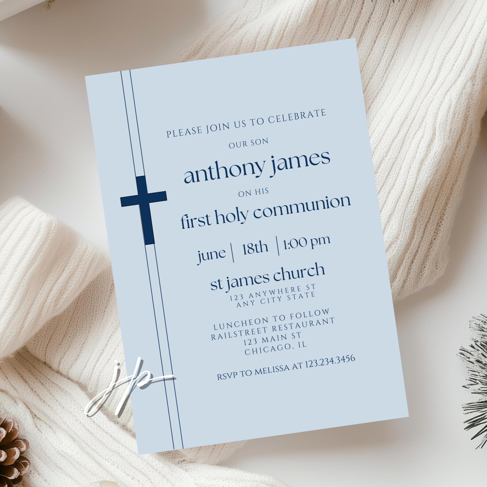 Modern Boys 1st Communion Invitation Editable Dusty Blue With Navy ...