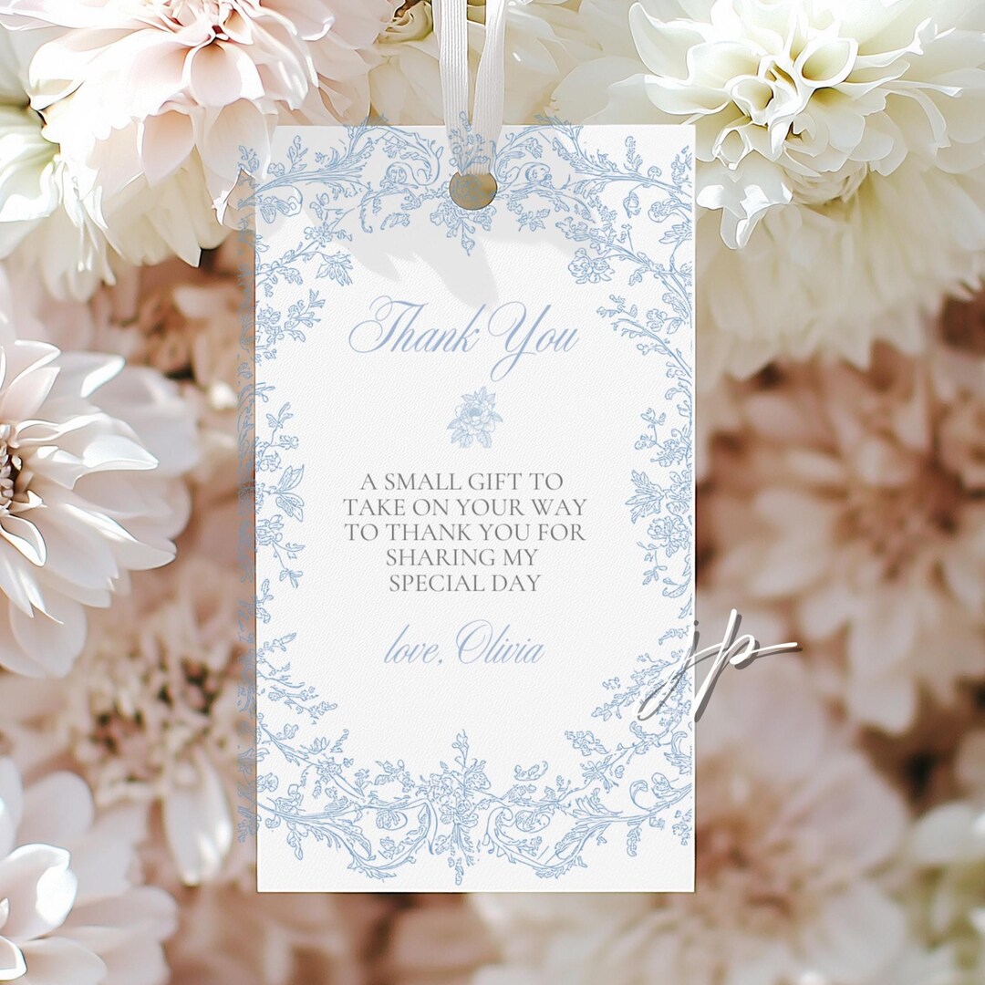 Dusty Blue Toile Wedding Favor Tag Editable Bridal Shower Thank You ...