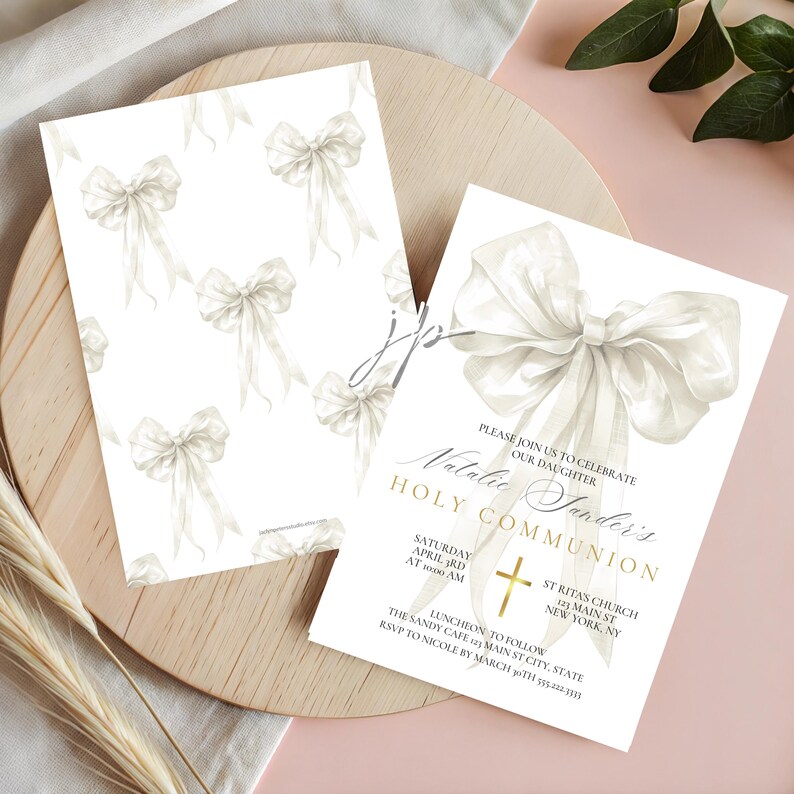 White Bow First Holy Communion Invitation Template Coquette 1st ...