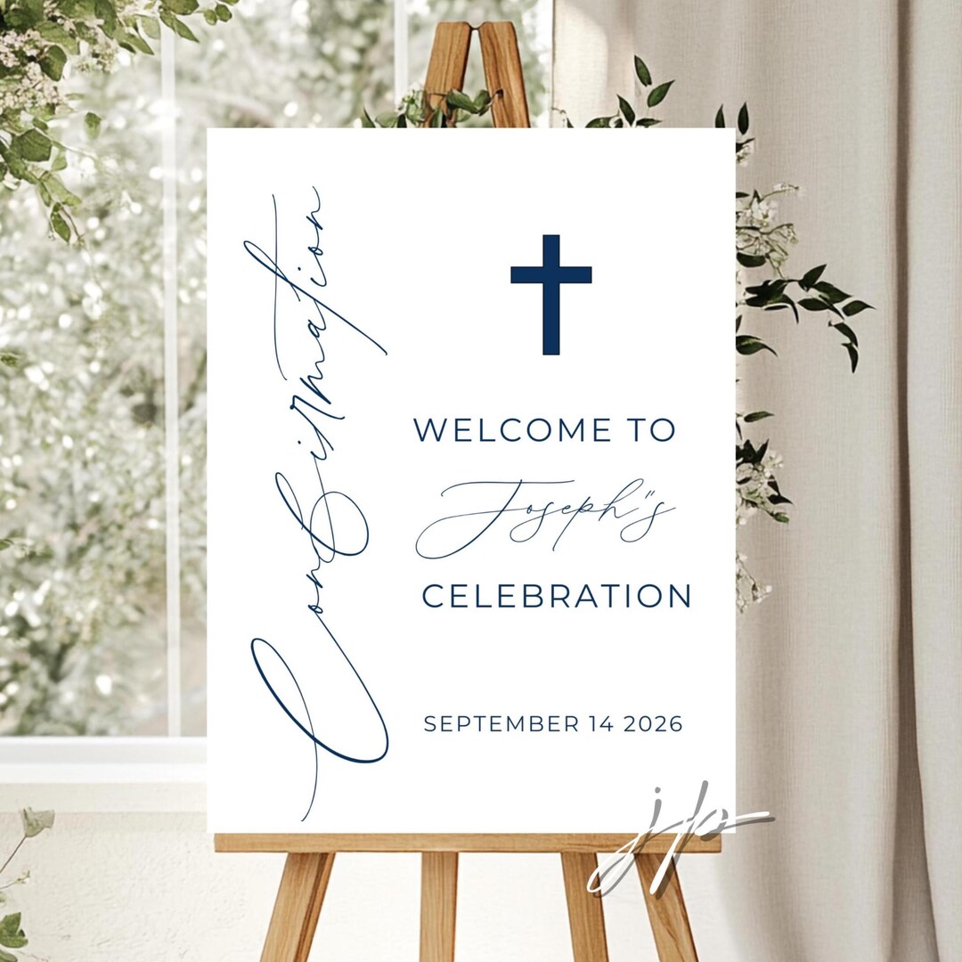 Boys Navy Blue Confirmation Welcome Sign Modern Cross Confirmation ...
