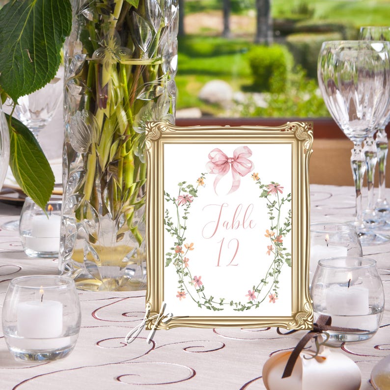 Pink Wildflower Table Numbers Set Coquette Bow Vintage Crest Template ...