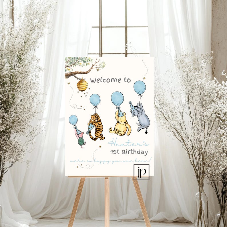 Editable Pooh 1st Birthday Welcome Sign Boys Blue Classic Winnie the ...