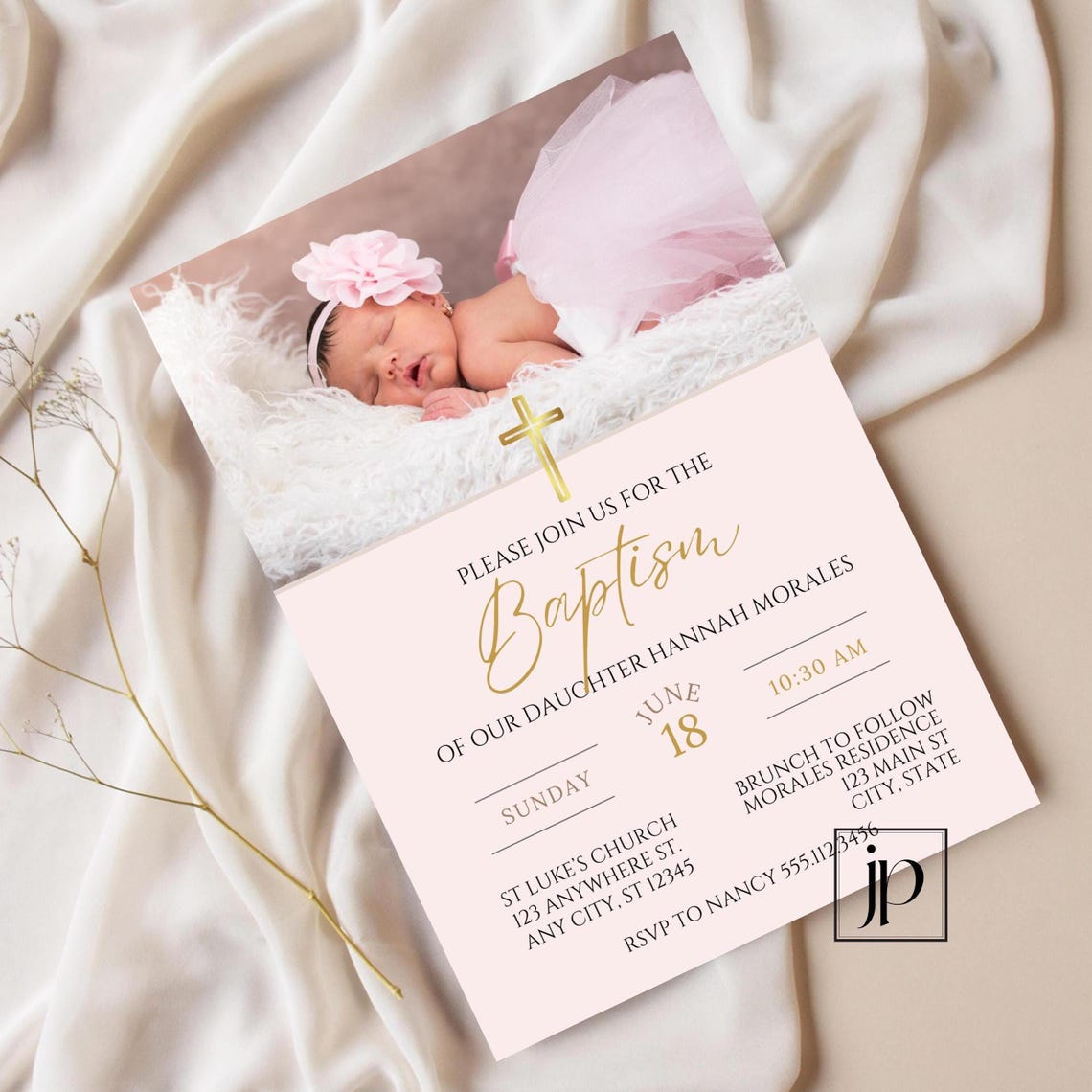 Girls Baptism Photo Invitation Template Editable Baby Christening ...