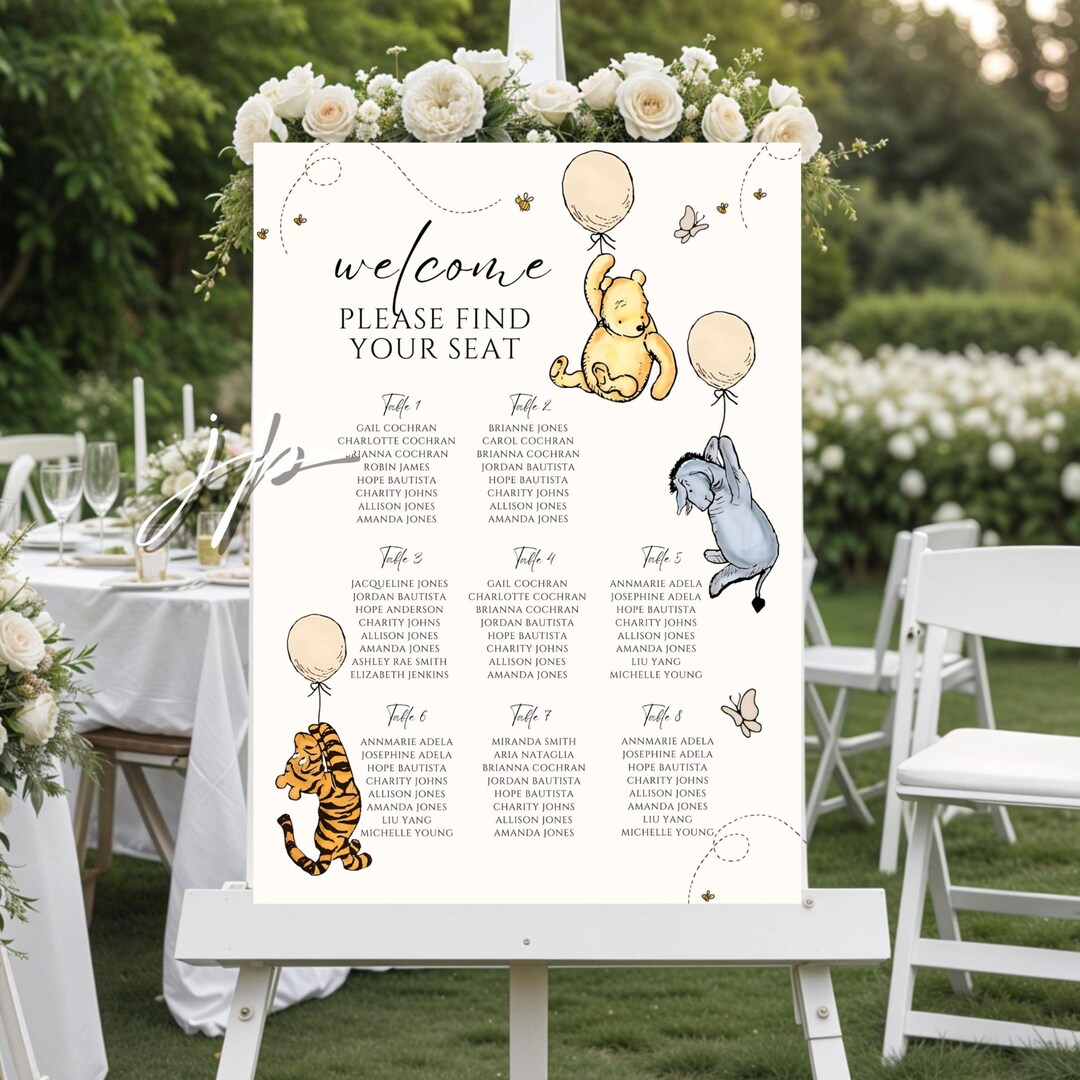 Classic Pooh Seating Sign Editable Baby Shower Table Chart Template ...