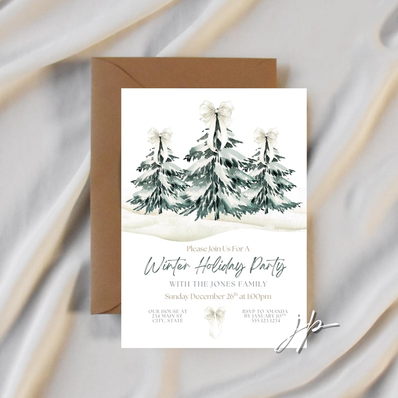 Winter Holiday Party Invitation Editable Watercolor Christmas Trees ...