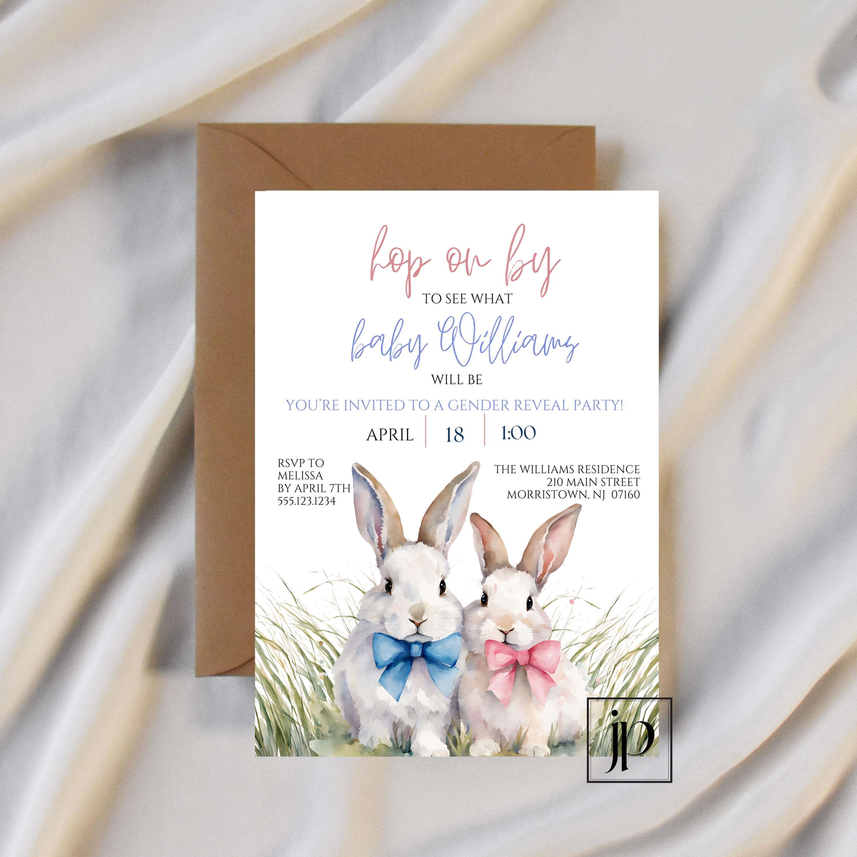 Baby Bunnies Gender Reveal Party Invitation Rabbits With Coquette Bows ...