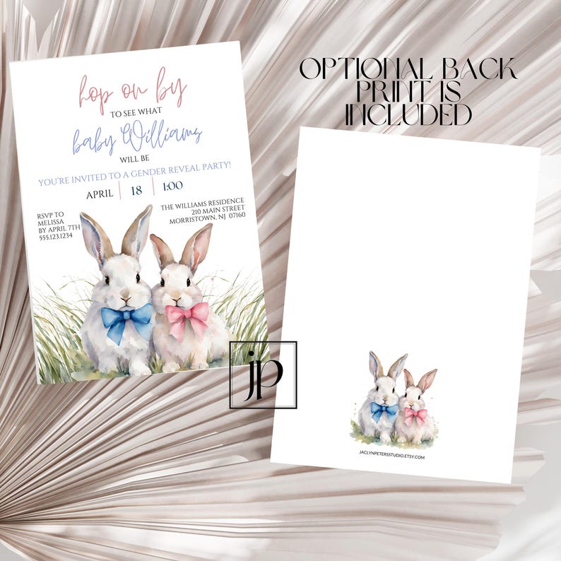 Baby Bunnies Gender Reveal Party Invitation Rabbits With Coquette Bows ...