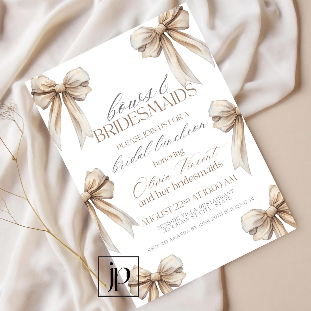 Bows Bridesmaids Luncheon Invite Beige Brunch Invitation Template ...