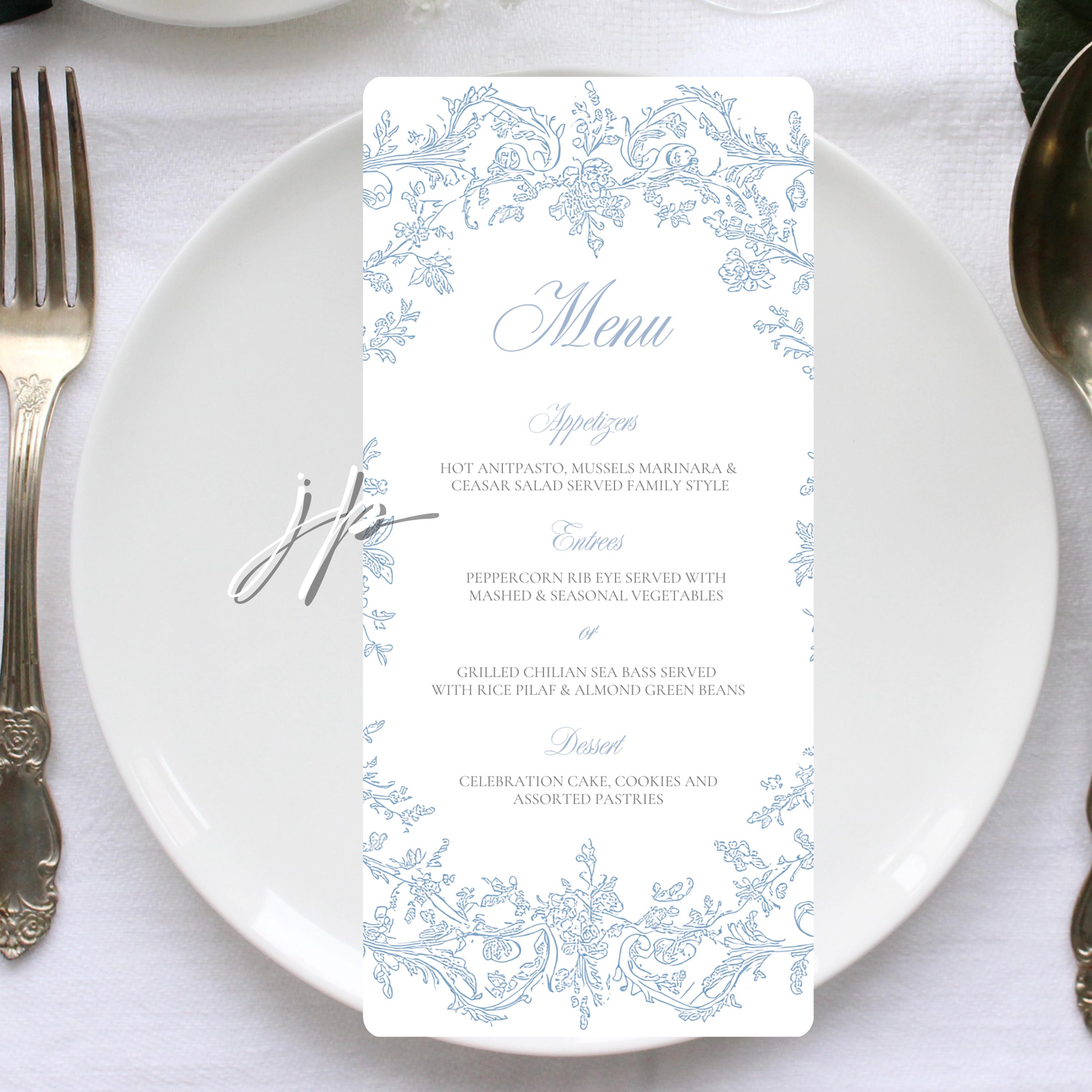 Dusty Blue Toile Shower Menu Card Editable Chinoiserie Wedding Dinner ...