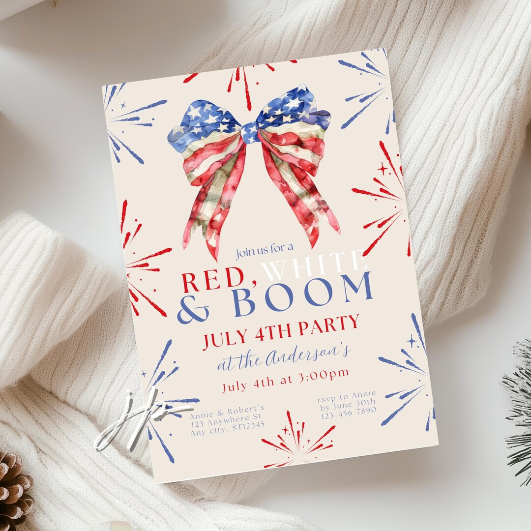 Red White and Boom July 4th Party Invite Editable Vintage Stars ...