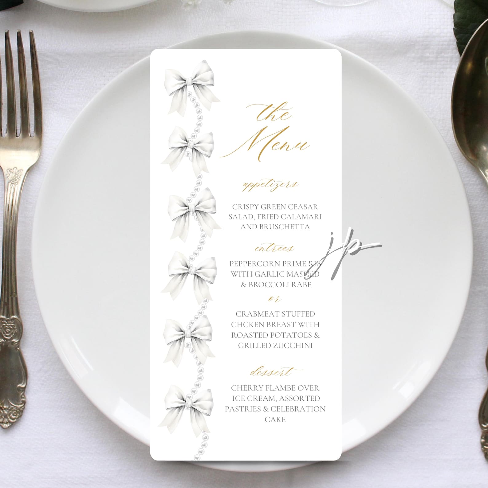 White Bow & Pearls Menu Card Bridal Shower Luncheon Menu Editable ...