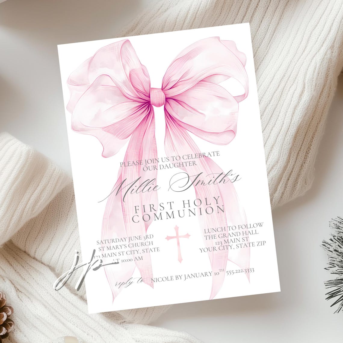 Pink Bow First Holy Communion Invite Editable Girls Coquette 1st ...