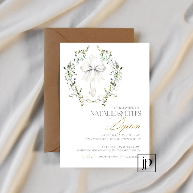 Wildflowers Cross Baptism Invitation Editable White Bow Invite Template ...