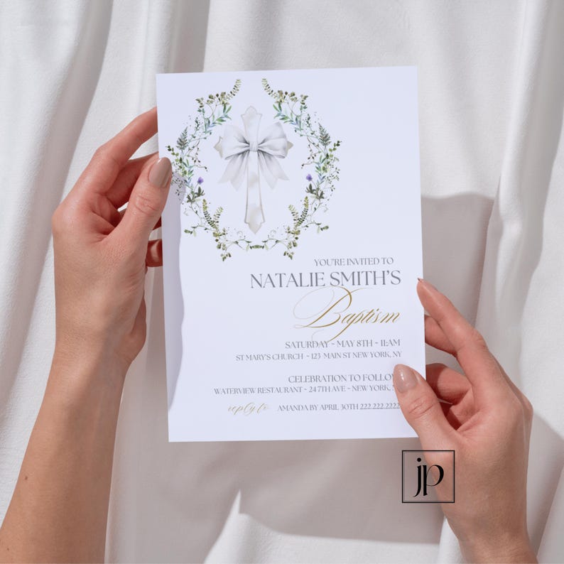 Wildflowers Cross Baptism Invitation Editable White Bow Invite Template ...