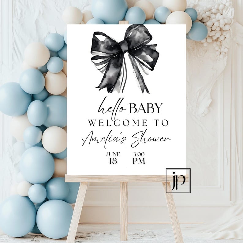 Black Bow Baby Shower Welcome Sign Template Editable Hello Baby ...