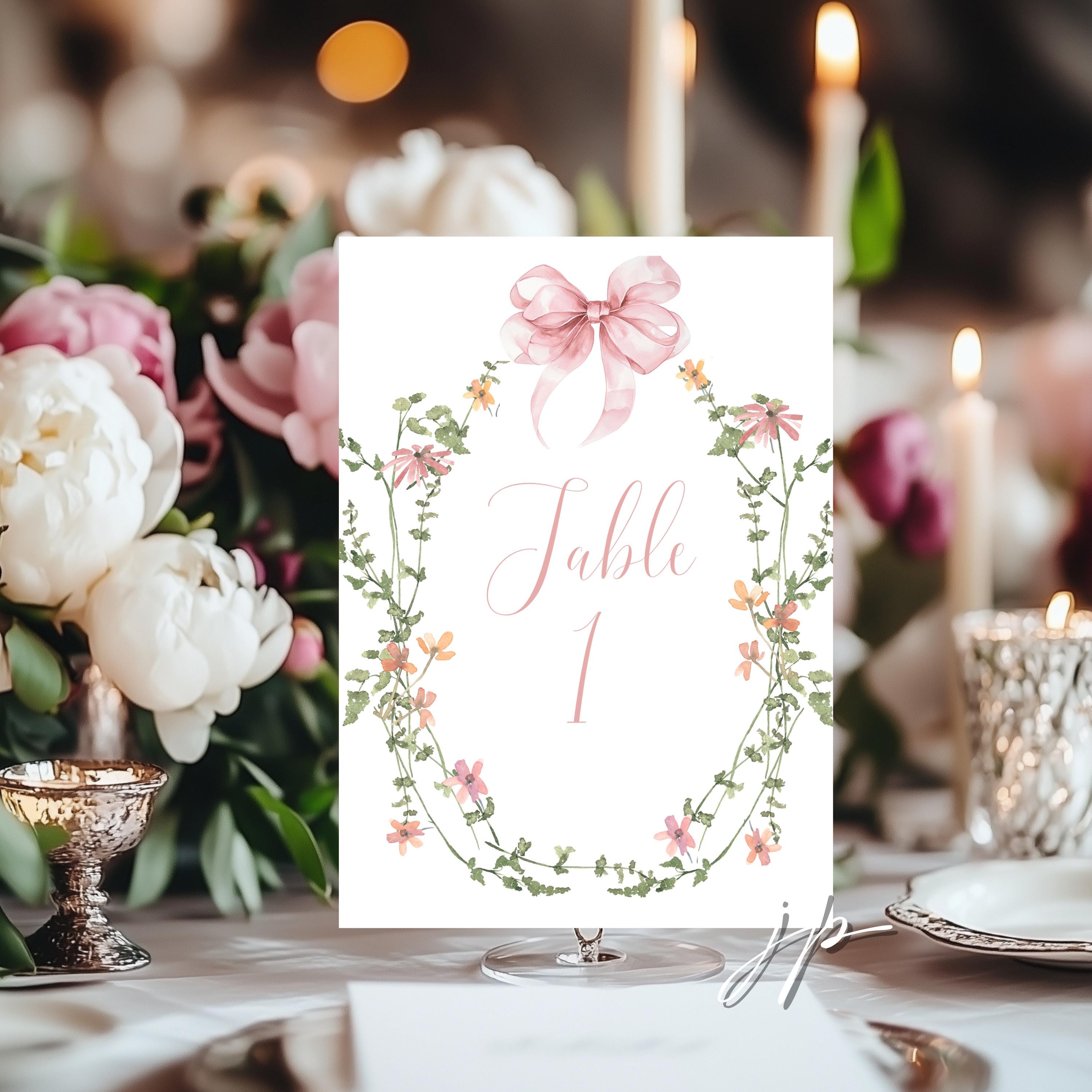 Pink Wildflower Table Numbers Set Coquette Bow Vintage Crest Template ...