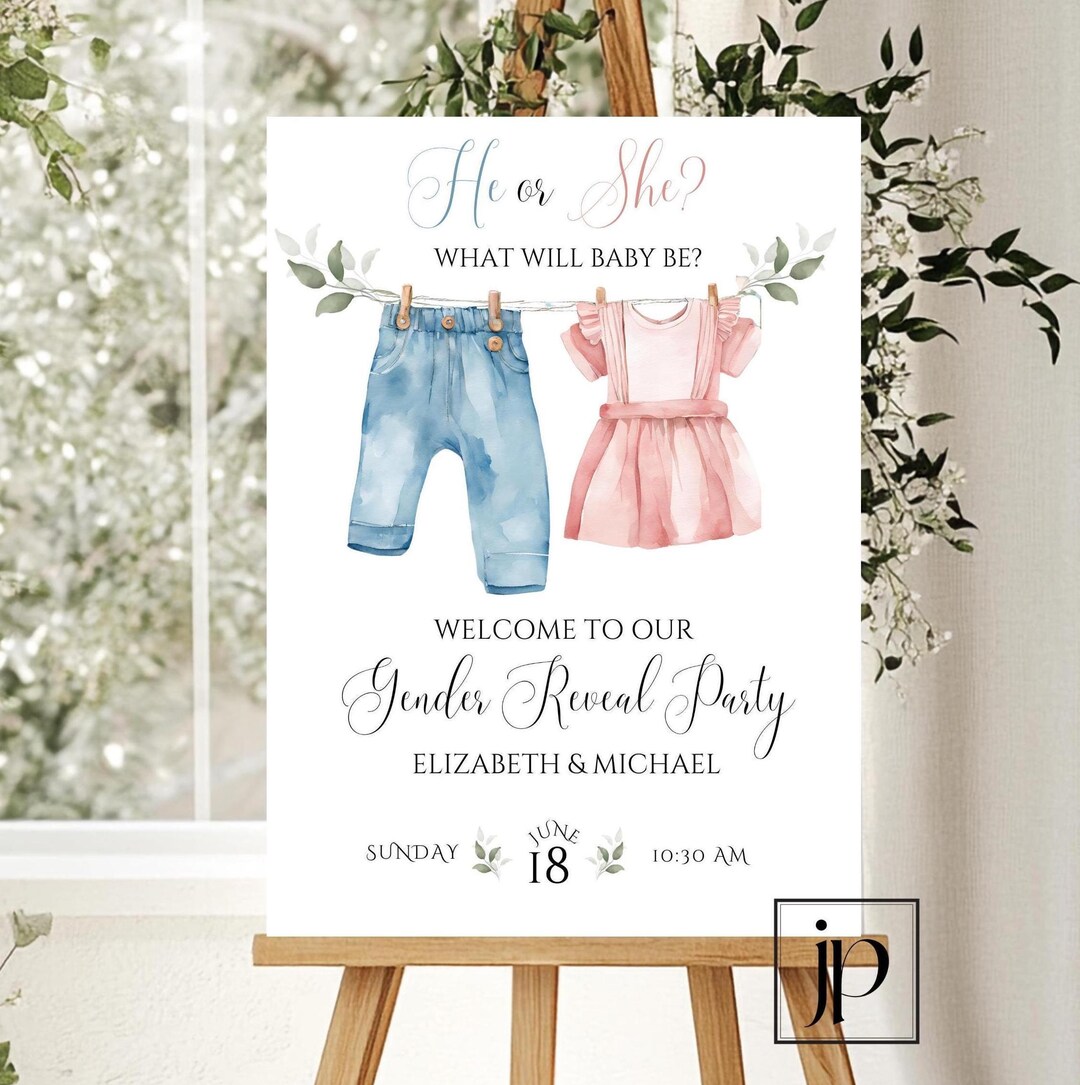 Gender Reveal Welcome Sign He or She Editable Template Watercolor Baby ...