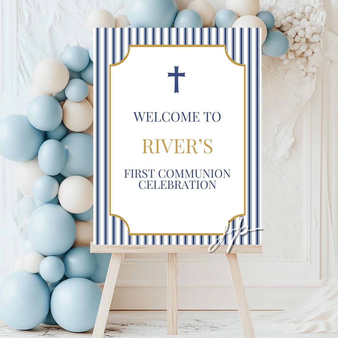 Boy's First Communion Welcome Sign Editable Navy Blue Stripe Holy ...