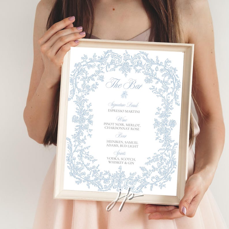 Blue Vintage Floral Bar Menu Sign Editable Chinoiserie Bridal Shower ...