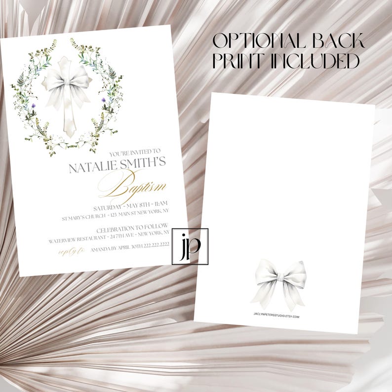 Wildflowers Cross Baptism Invitation Editable White Bow Invite Template ...
