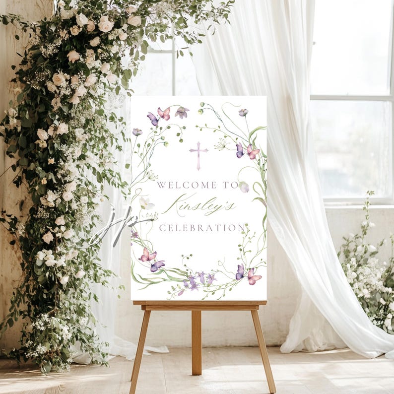Floral Butterflies Communion Welcome Sign Editable Pink & Purple ...