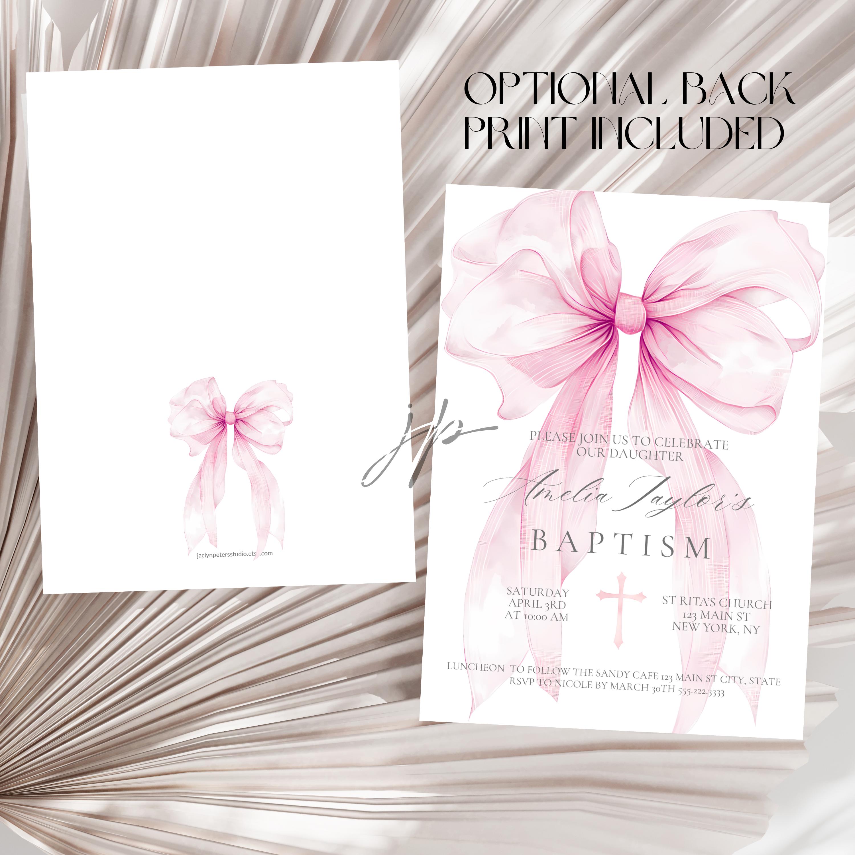 Girls Pink Bow Baptism Invite Template Coquette Baby Christening ...