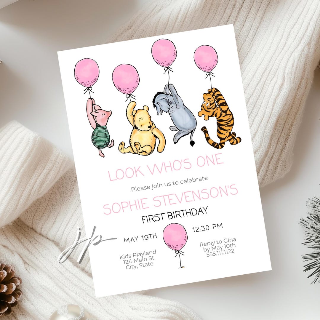 Pink Pooh 1st Birthday Invite Look Who's One Winnie the Pooh Balloons ...