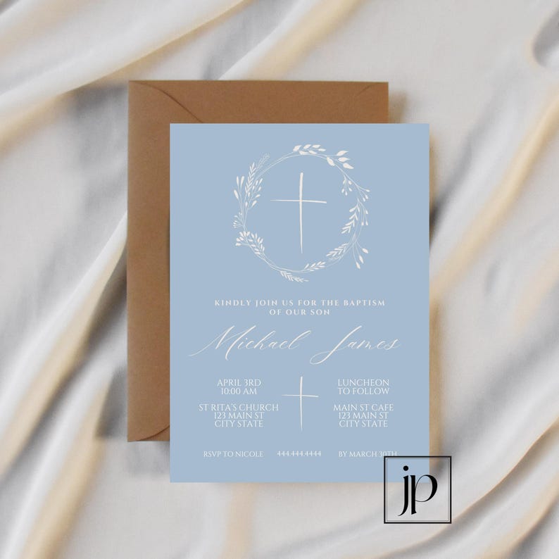 Dusty Blue Baptism Invitation Editable Boys Christening Template ...