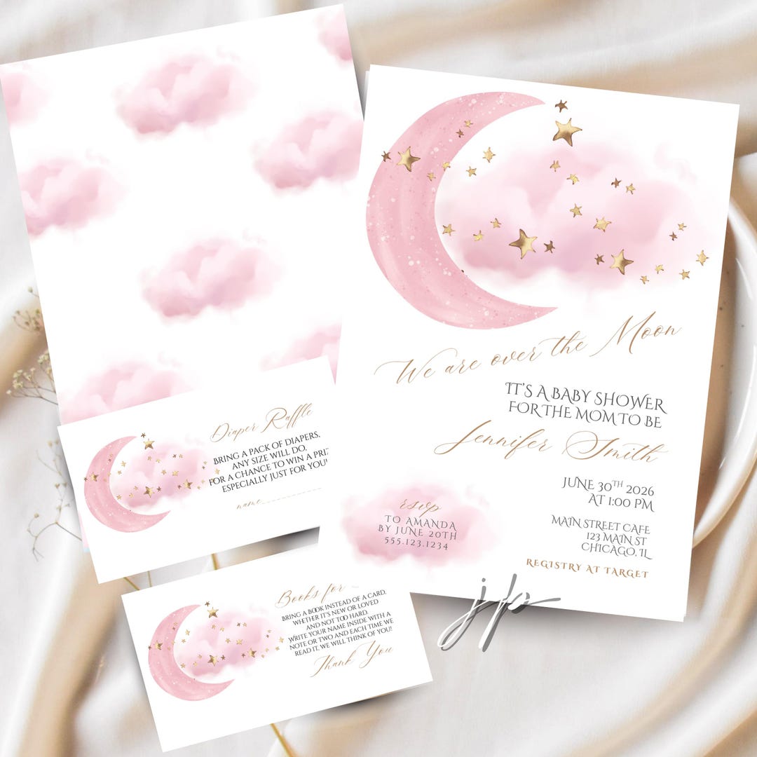 Pink Over the Moon Baby Shower Invitation Set Editable Clouds & Gold ...