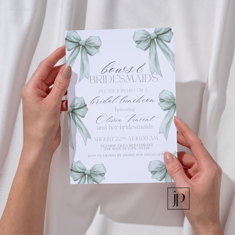 Sage Green Bows & Bridesmaids Bridal Shower Invite Editable Coquette ...
