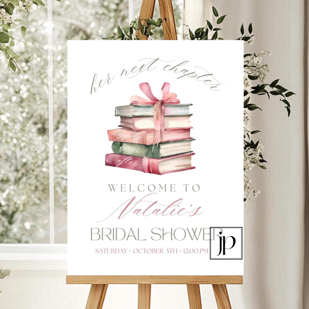 Next Chapter Bridal Shower Welcome Sign Pink & Sage Storybook Decor ...