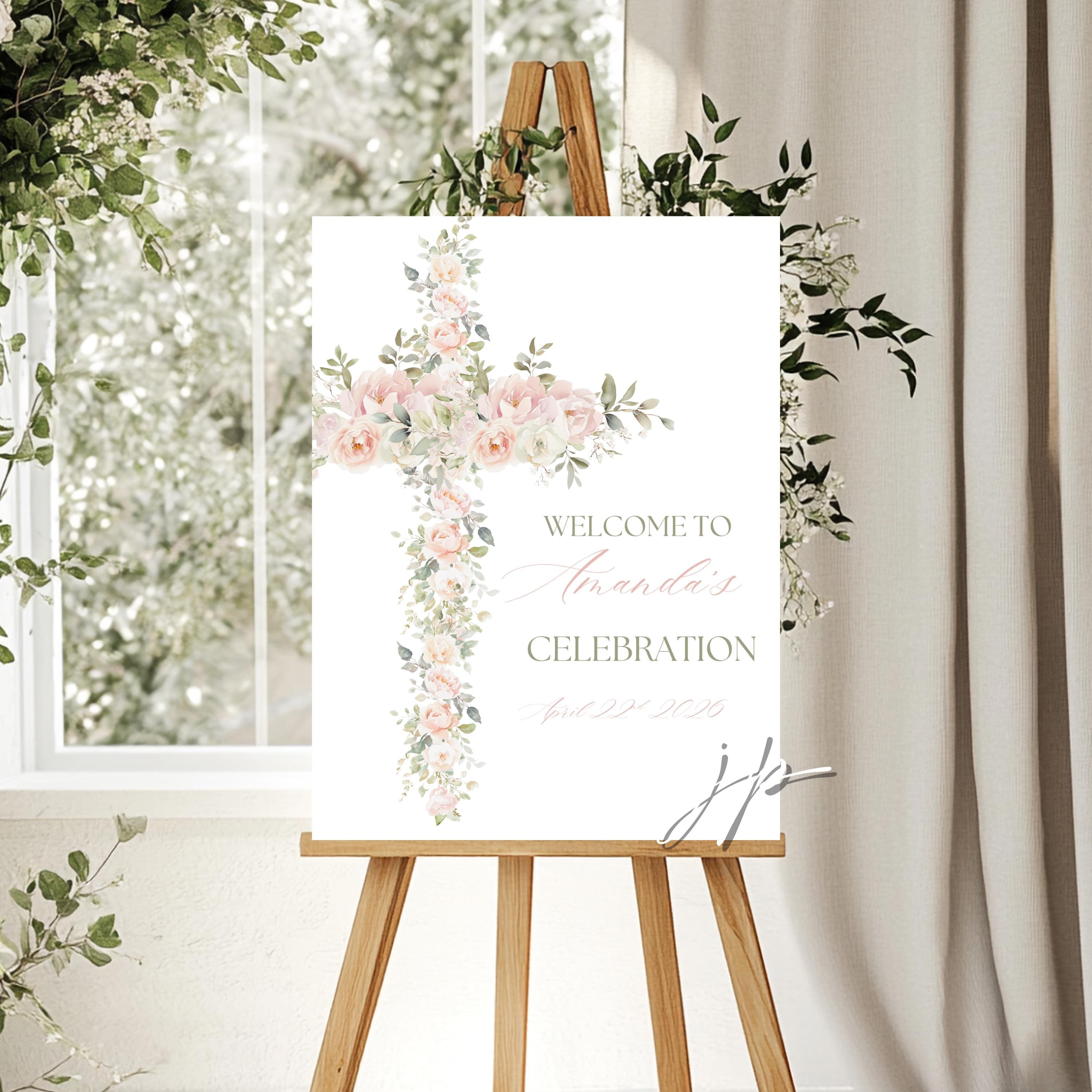Pink Floral Cross Baptism Welcome Sign Editable Girl 1st Communion ...