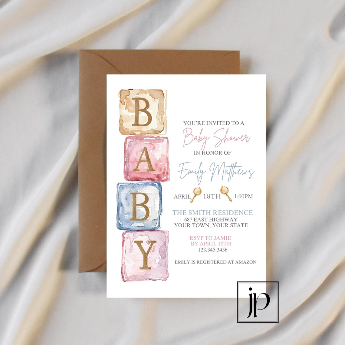 Baby Blocks Shower Invite Watercolor Gender Neutral Baby Brunch ...